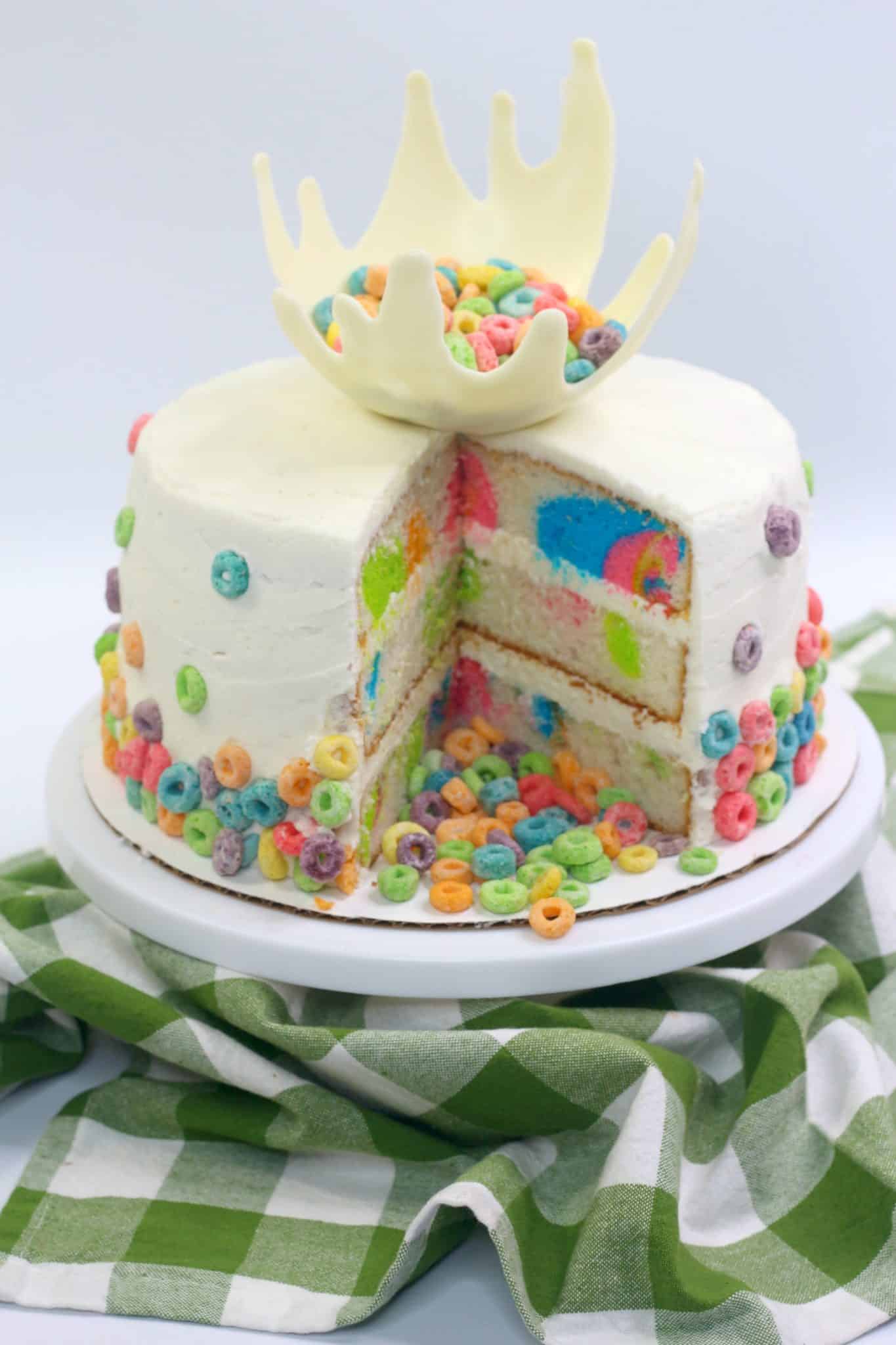 Froot Loops Cereal Cake with White Chocolate Milk Splash - Budget ...