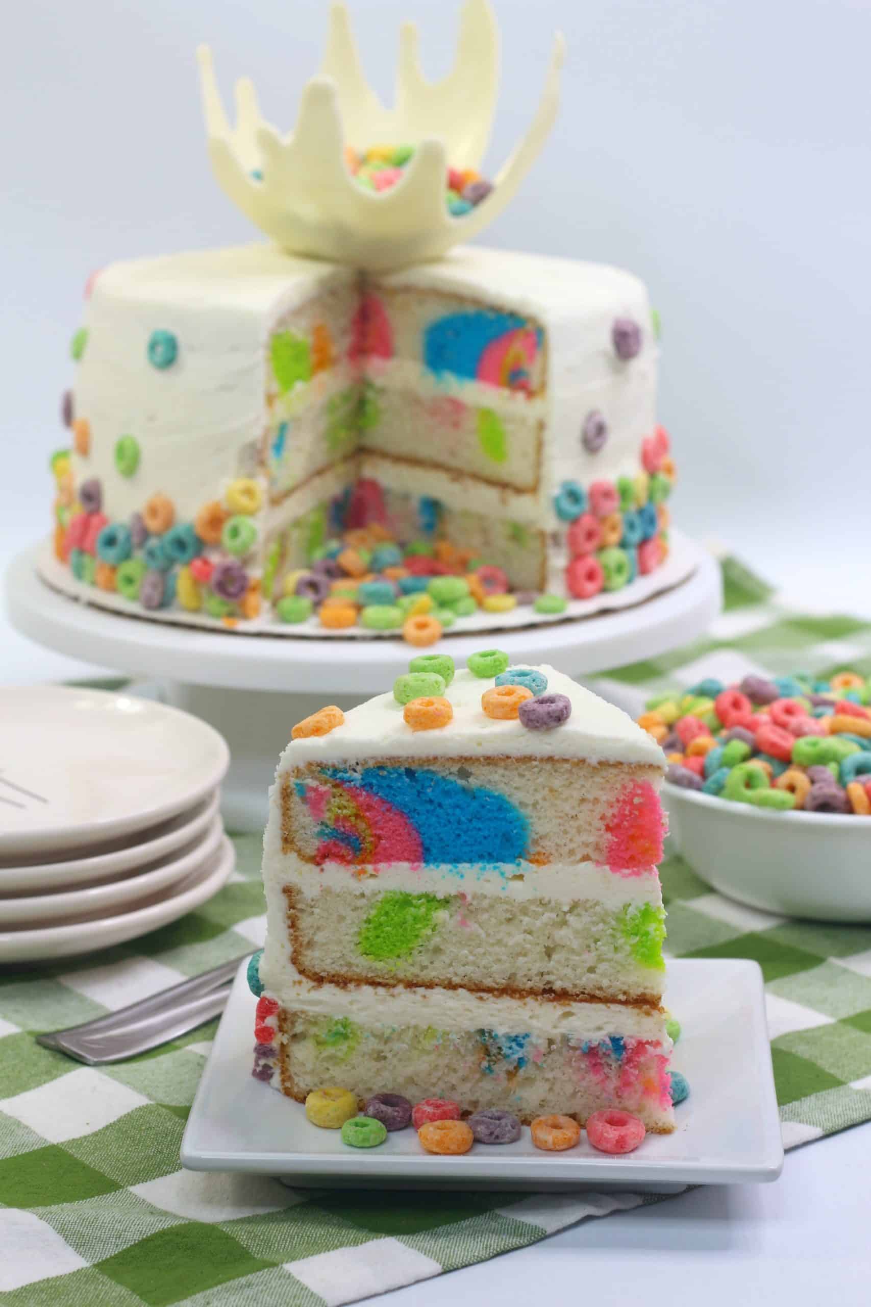 Froot Loops Cereal Cake with White Chocolate Milk Splash - Budget ...