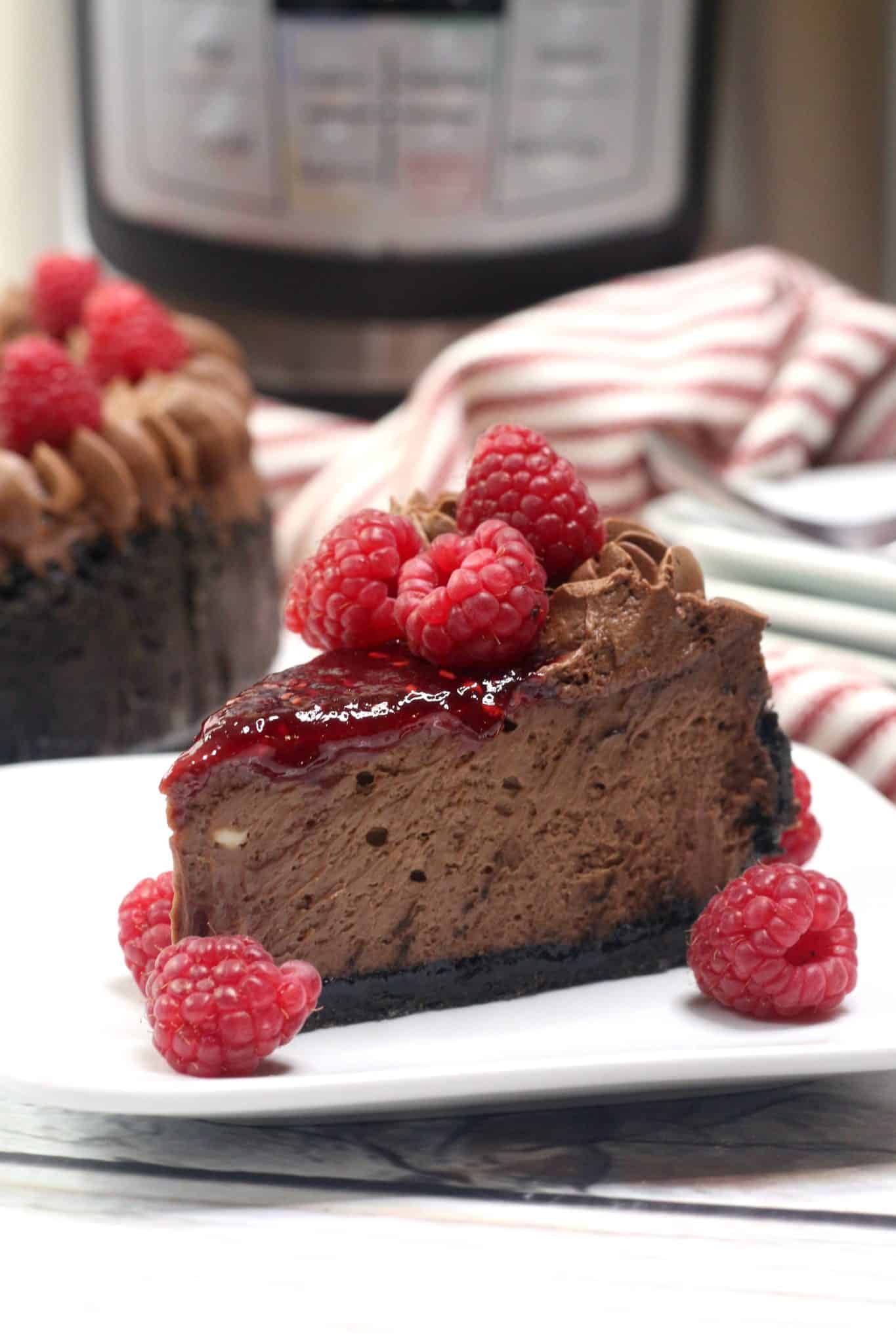 Instant Pot Chocolate Raspberry Cheesecake - Mama's On A Budget