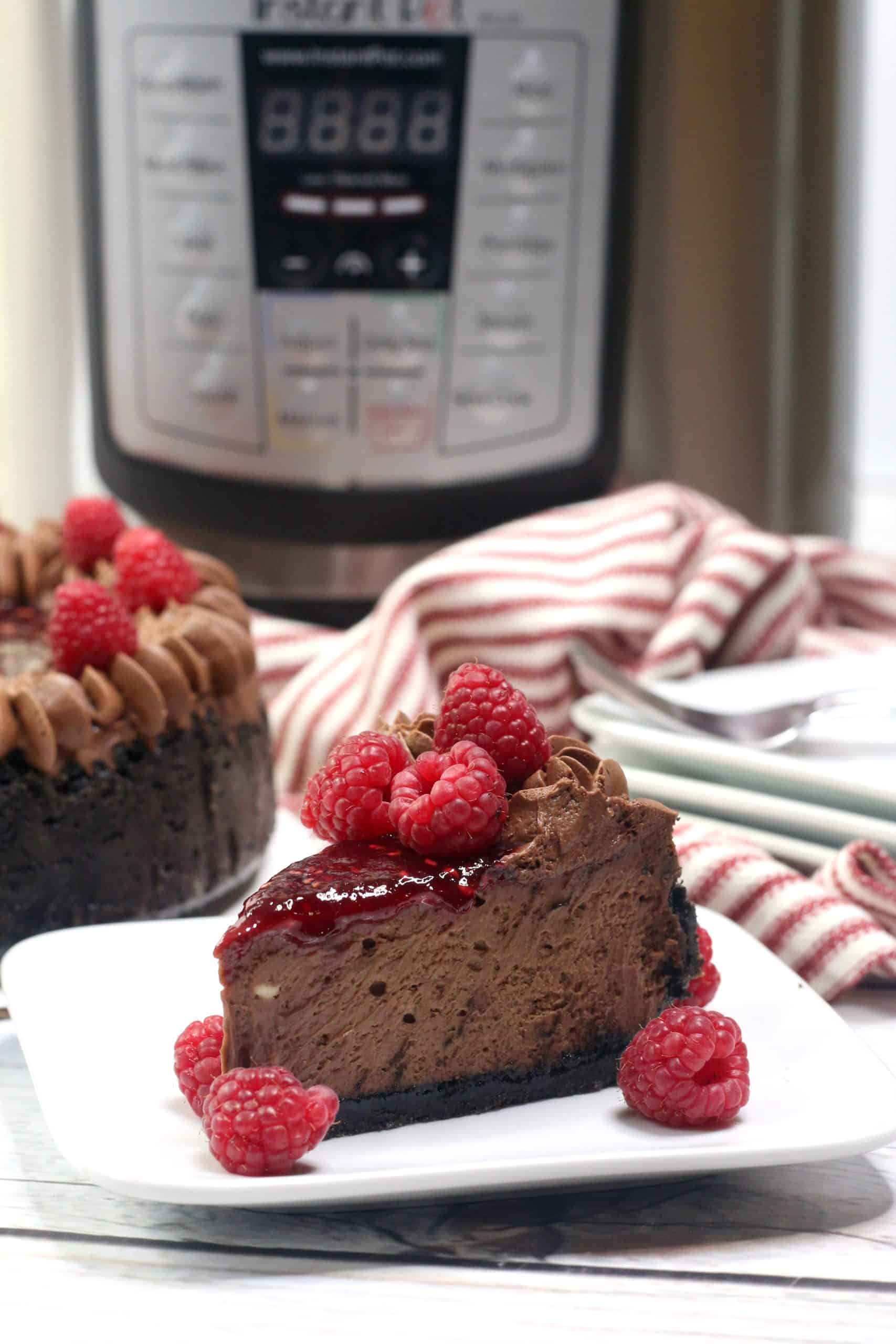 Instant Pot Chocolate Raspberry Cheesecake - Mama's On A Budget