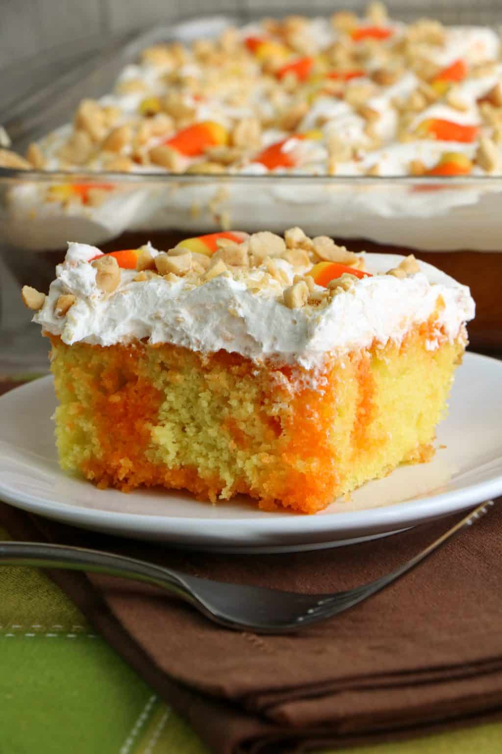 Candy Corn Poke Cake - Mama's On A Budget Fun Fall Dessert